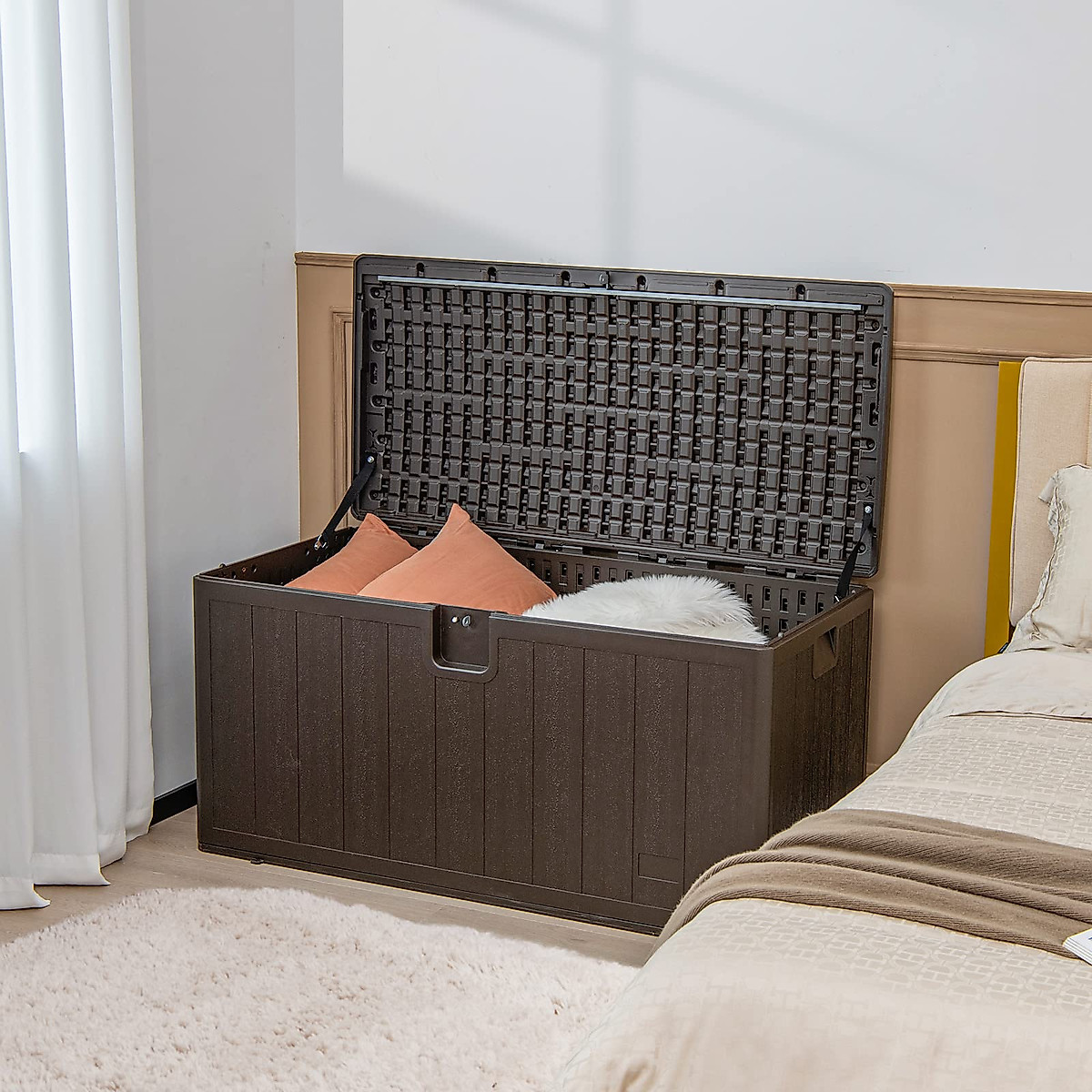 Giantex Outdoor Storage Deck Box Patio Bin - 105 Gallon Indoor/Outside Storage Box with Lockable Lid, Waterproof Storage Chest for Gardening Tools, Supplies, Cushions Storage Container (105 Gallon, Brown)