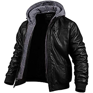 CREATMO US Men's Faux Leather Jacket Vintage Motorcycle Jacket Warm Winter Coat Black XL