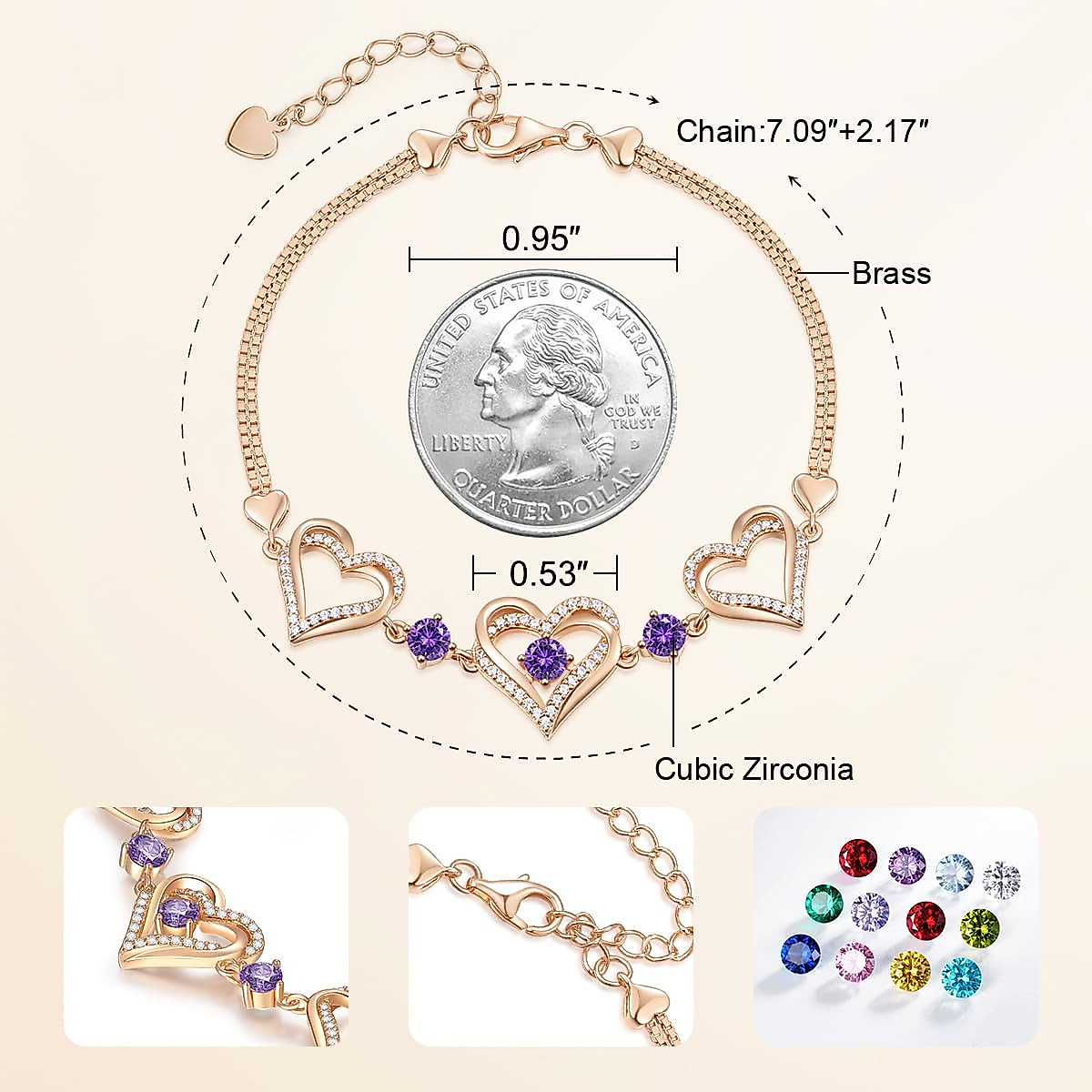 CDE Forever Love Heart Charm Link Bracelet for Women, 925 Sterling Silver Birthstone Bracelet Mother's Day Gift Anniversary Christmas Birthday Jewelry Gifts for Women Wife Her Girlfriend