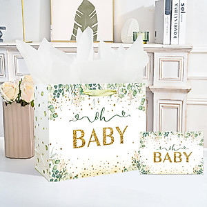 13" Large Baby Boy Girl Gift Bag for Baby Shower or Birthday with Handle, Tissue Paper and Greeting Card (Sage Green Design)