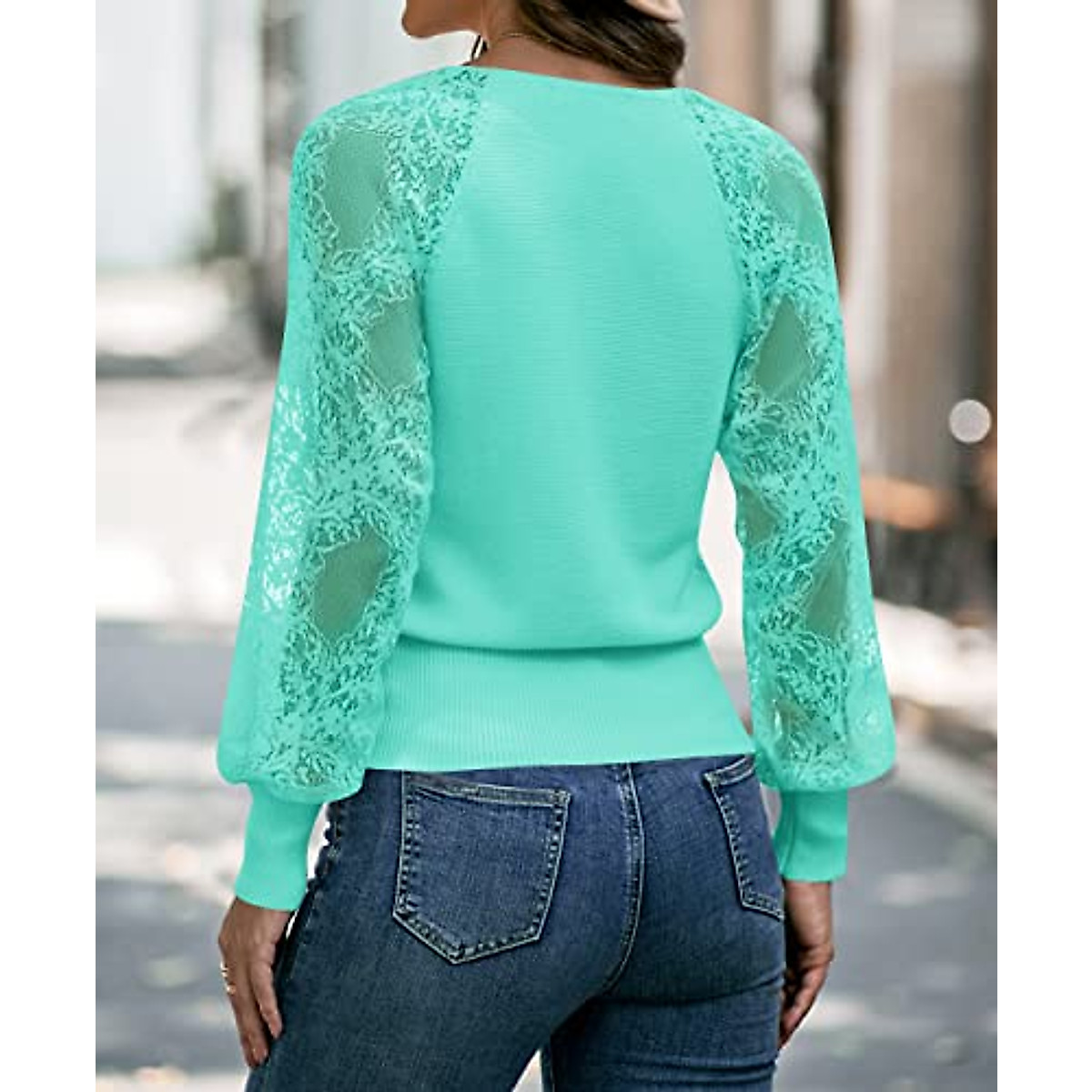 ZESICA Women's 2023 Fall V Neck Lace Patchwork Solid Color Long Sleeve Casual Knit Pullover Sweater Tops,LakeGreen,Large