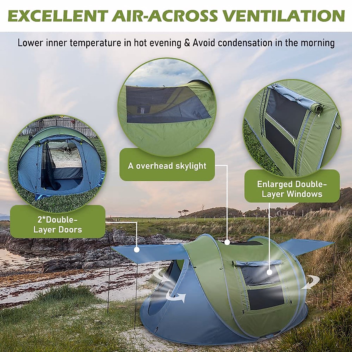 Pop Up Tent, HIKERBRO 4 Person Instant Tent with Skylight, Waterproof Instant Pop Up Tent with Rainfly, Easy Setup Camping Tents, 2 Doors & Windows, 4 Men Automatic Family Tent for Hiking, Traveling