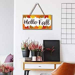 Hello Fall Sign Wall Decor 14" Autumn Harvest Thanksgiving Maple Leaf Sign Rustic Hanging Decorations in Home Art for Front Porch Door Plaque