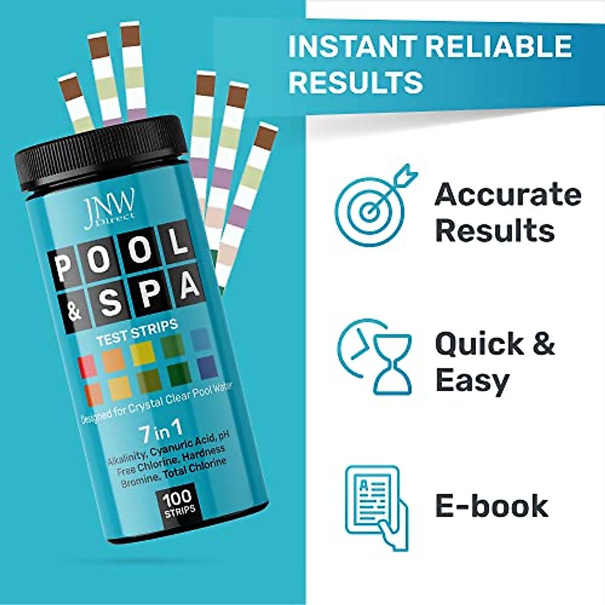 Pool Test Strips, 7in1 Quick & Accurate Pool and Spa Test Strips, Pool Water Test Kit - 100 Bromine, pH, Hardness, Alkalinity, Chlorine Pool Water Tests, Spa and Hot Tub Test Strips with E-Book - JNW
