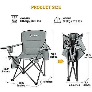 KingCamp Oversized Folding Camping Chair for Adults Portable Outdoor Lawn Heavy Duty with Cooler, Cup Holder, Side Pocket,Carry Bag, 2 Pack, Grey