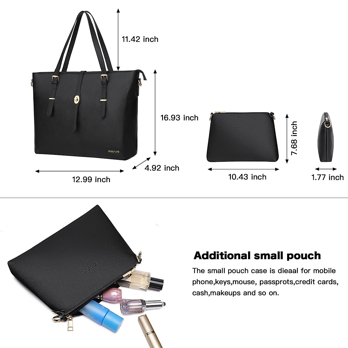 MOSISO Laptop Tote Bag Compatible with MacBook Pro 16 inch M4 M3 M2 M1 2025-2019, 15-15.6 inch PU Leather Briefcase with Middle Button & Small Purse&Shoulder Strap, Black