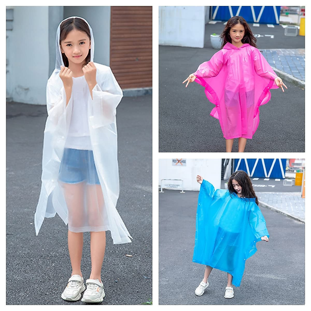 YUNLOVXEE Rain Poncho Raincoats for Kids Reusable - 2 Pack EVA Waterproof Rain Coat with Hood Rain Jacket for Boys Girls (US, Alpha, One Size, Regular, Pink+Blue)