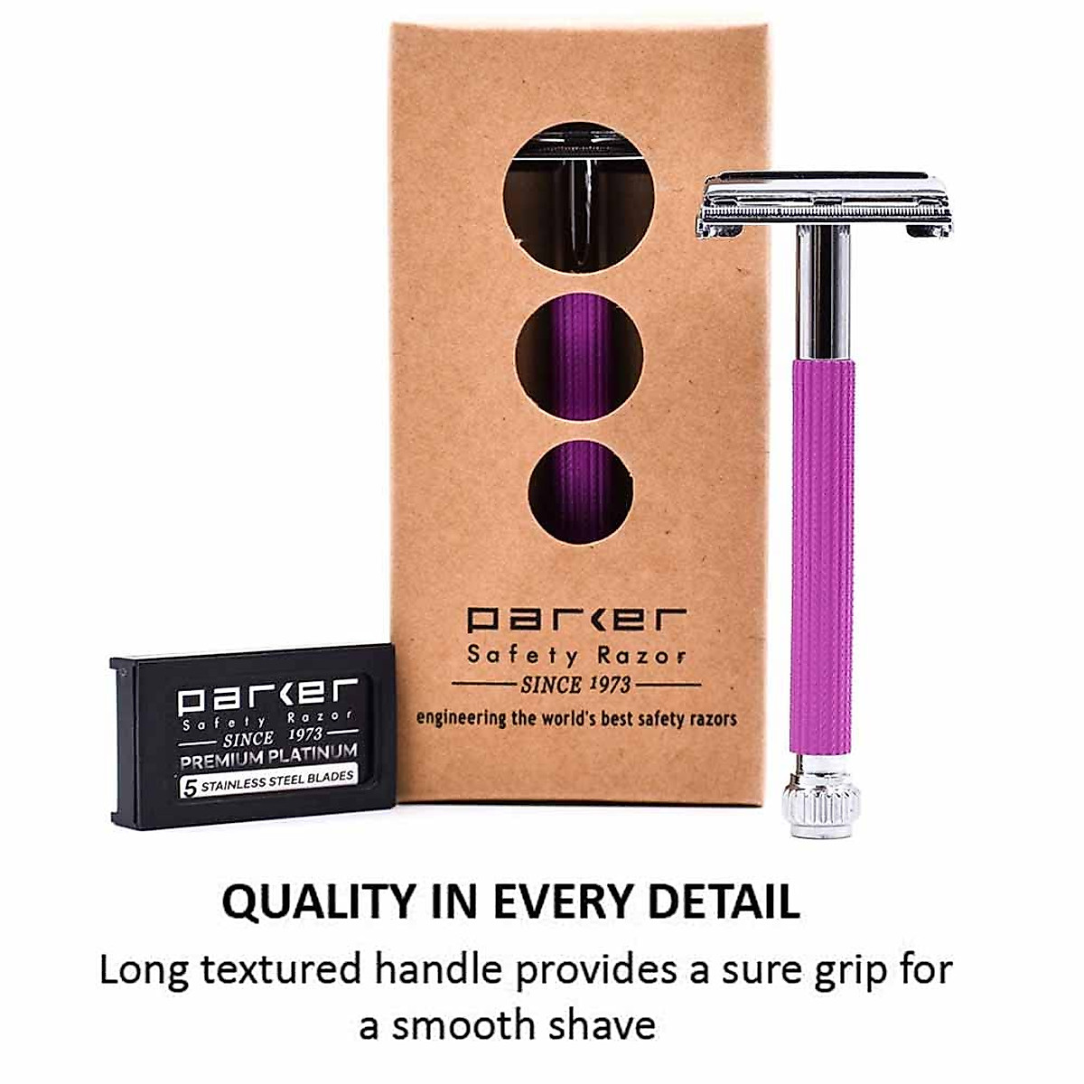 Parker 29L Lavender, Long Handle Butterfly Open Double Edge Safety Razor for Women, 5 Parker Premium Platinum Double Edge Razor Blades Included