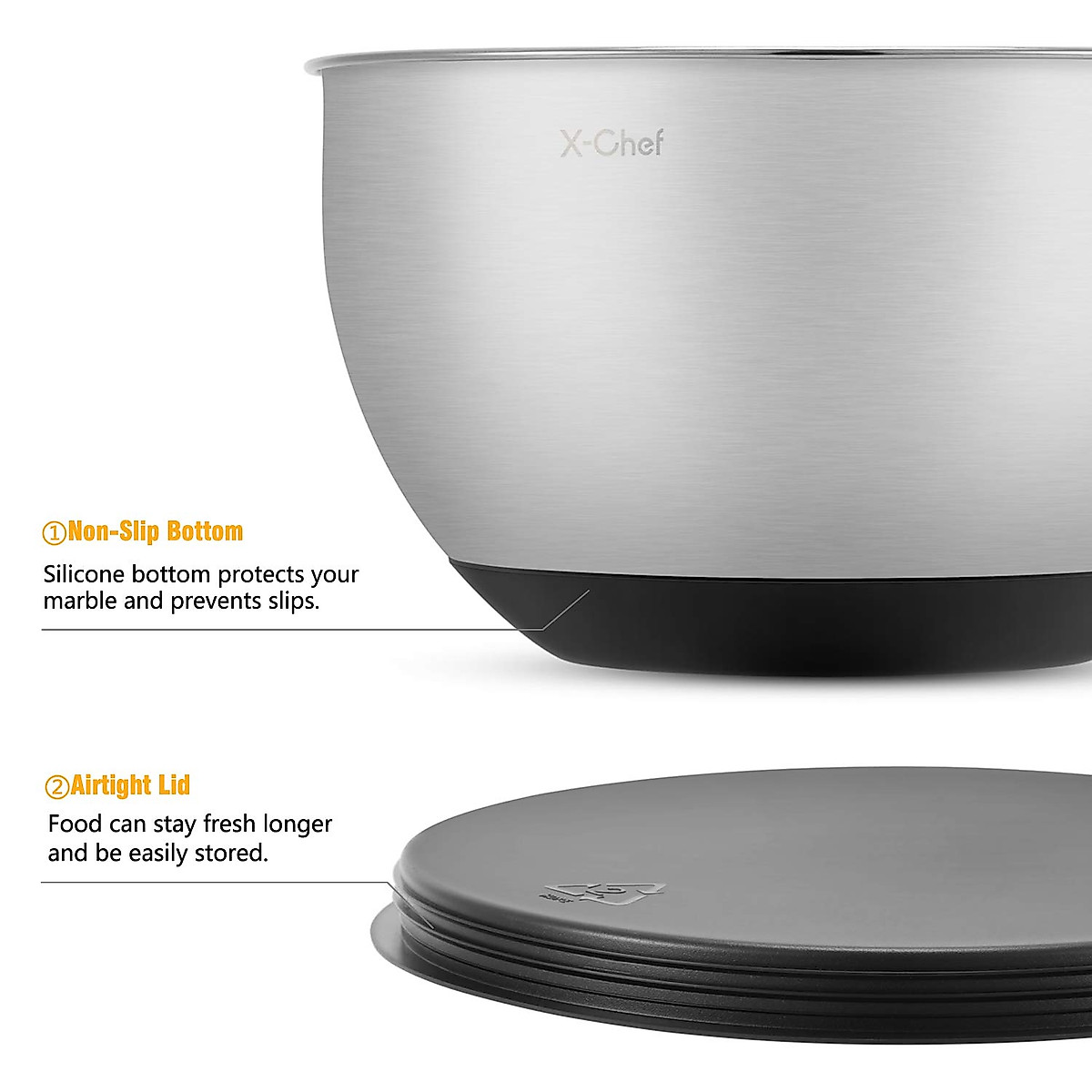 X-Chef Stainless Steel Bowls with Lids, Mixing Storage Bowl Set of 5 with Measurement, Stackable & Non-slip (1, 2, 2.5, 3.5, 4.5 QT)