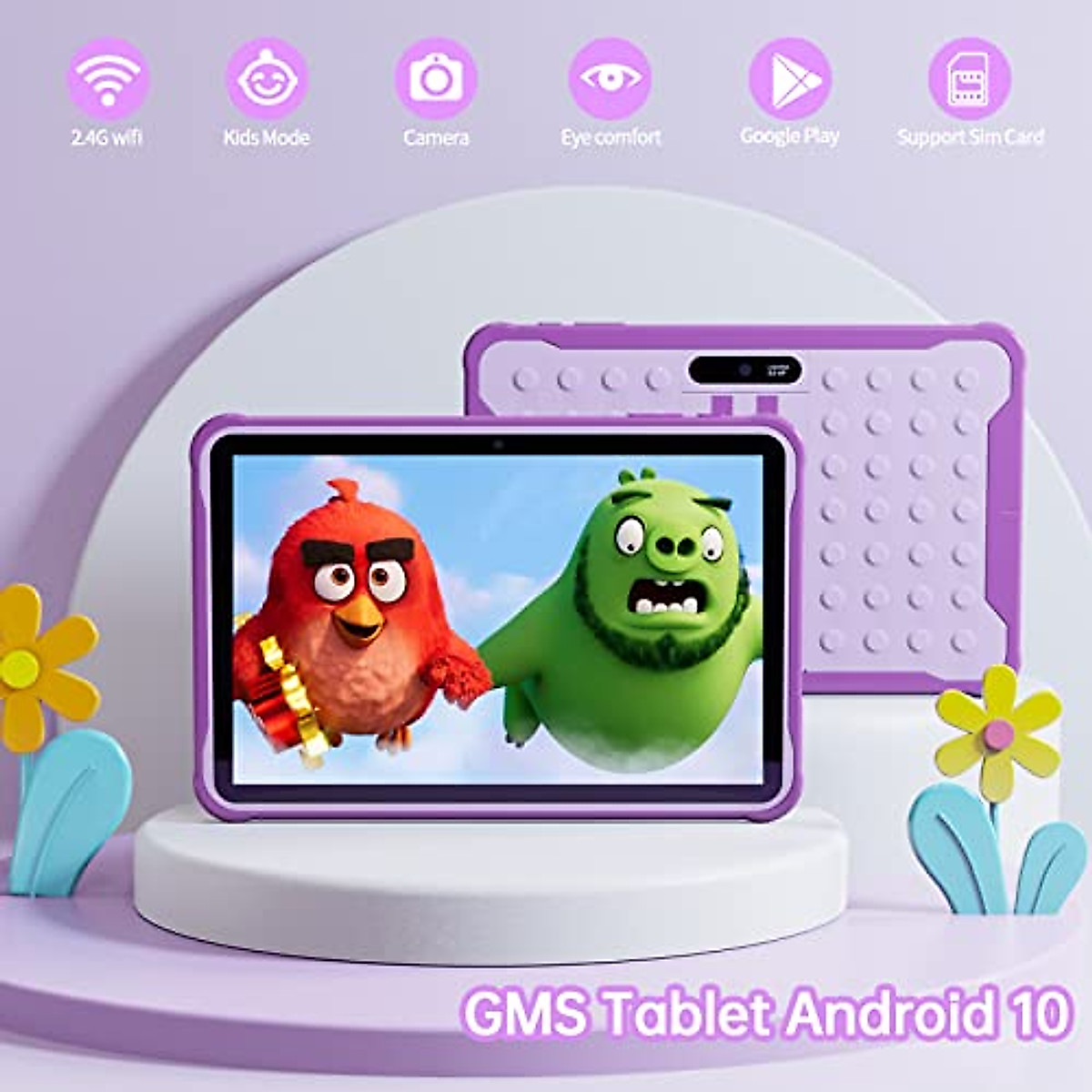 PRITOM Android 10 Go, 10 inch Kids Tablet, Parental Control, 6000mAh, 3G Phone Tablet, Quad Core Processor, 2GB RAM, 32GB ROM, HD IPS Screen, Google Play, YouTube, with Kids-Tablet Case(Purple)