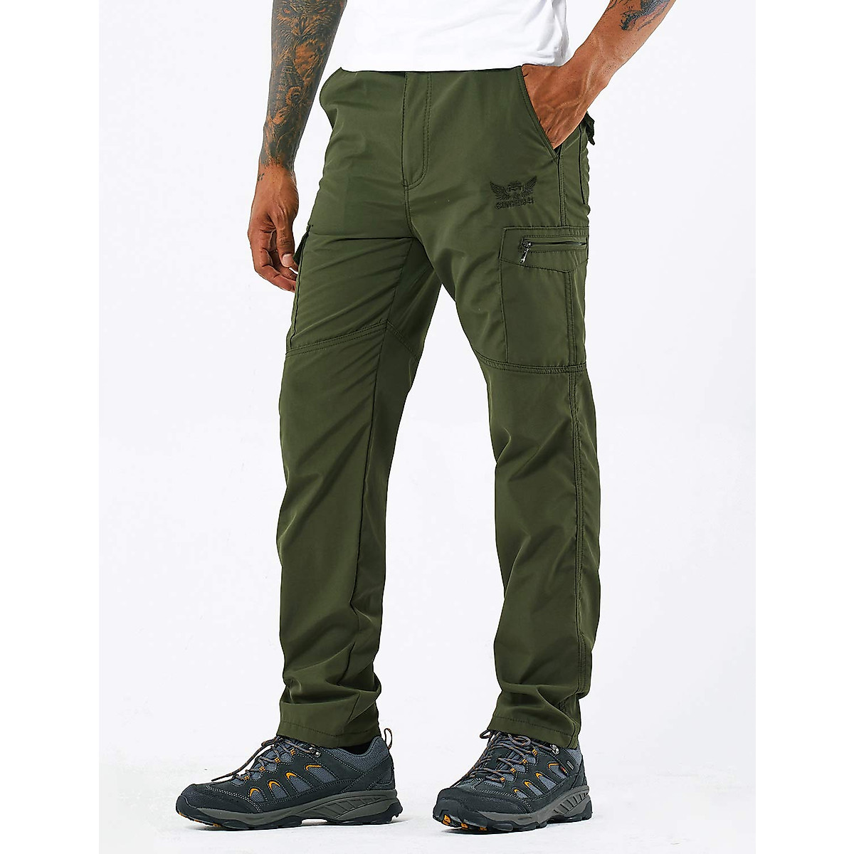 Men's Outdoor Hiking Pants Lightweight and Thick Fleece Cargo Climbing Camping Ski Trousers (105 Thin Green, L)