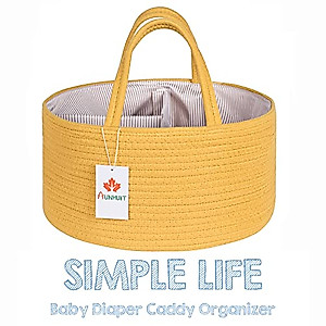 Baby Diaper Caddy Organizer Yellow 15"X7.4" Large Round Hanging Nursery Storage Bin Portable Changing Table/Car Travel Tote Bag Removable Inserts Newborn Registry Boy Girl Shower Rope Basket