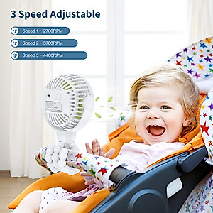 SMARTDEVIL Upgraded Stroller Fan, 3 Speed Portable Clip on Stroller Fan for Baby, 4000mAh Personal Car Seat Fan with Flexible Tripod, Dual 360° Rotatable, for Treadmill, Camping, Bike (White)