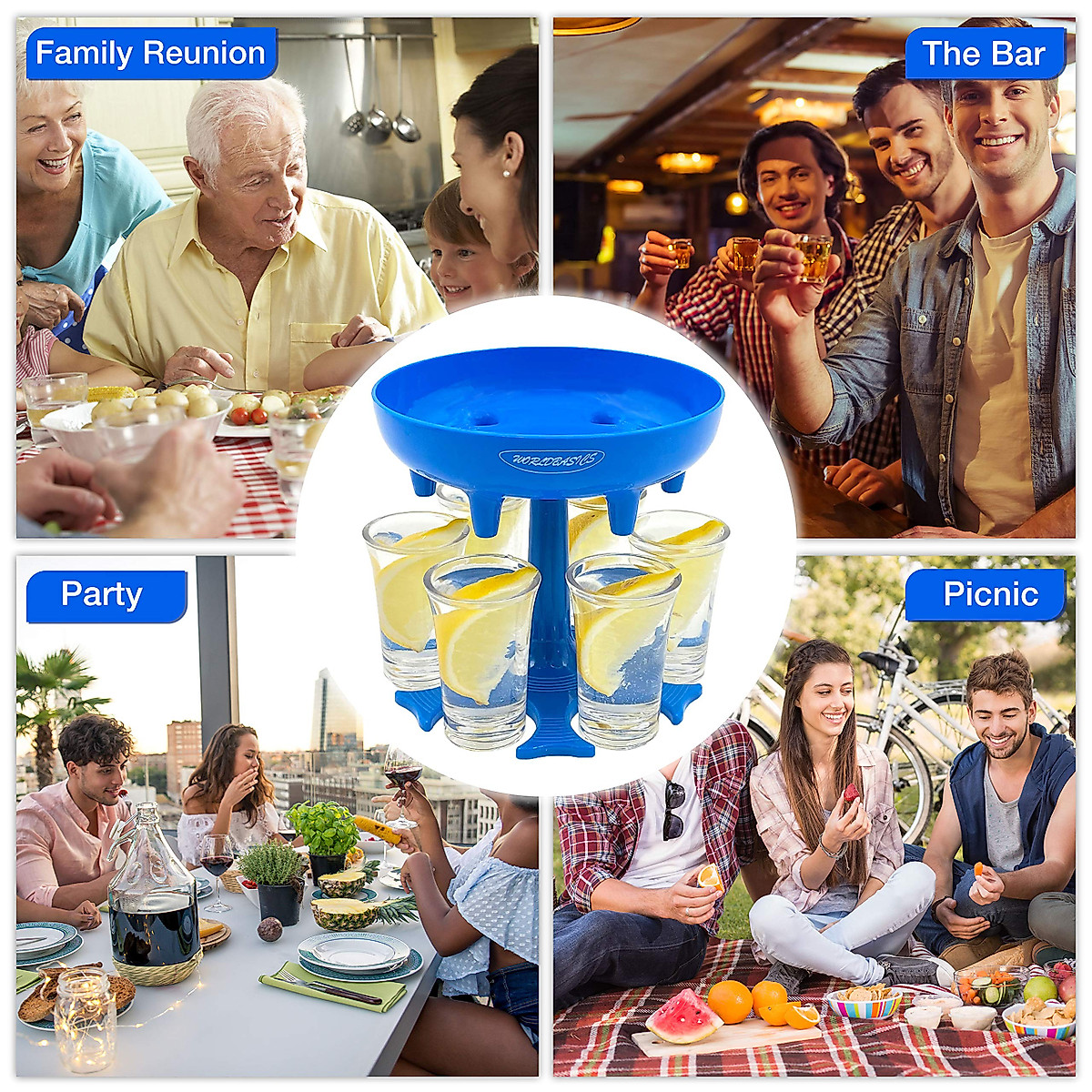 WorldBasics 6 Shot Glass Dispenser and Holder | Includes Shot Dispenser with Shot Glasses & Plugs | Shot Buddy Dispenser with Glasses | Shot Glass Holder & Shot Pourer- (Blue)