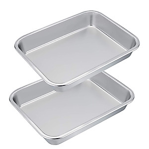 E-far Stainless Steel Sheet Cake Pan Set of 2, 10.6 x 8.3 x1.7 Inches Small Brownie Baking Pan, Rectangular High-Sided Cookie Sheet Pan Fit for Toaster Oven, Non-Toxic & Heavy Duty, Dishwasher Safe
