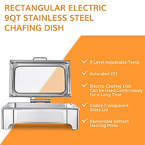 BOOMY LINS Electric Chafing Dish 9QT 2-in-1 Roll Top Rectangle Full Size Auto ShutOff Stainless Steel Buffet Servers and Warmers, 9 Heating level Food Warmer Transparent Glass Lid Chafers for Catering
