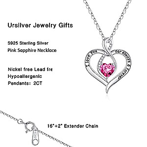 Ursilver Love Heart Pink Sapphire Birthstone Necklace - S925 Sterling Silver Birthstone Necklace October Birthstone Necklace Mothers Day Gifts Christmas Gifts Jewelry Gifts for Women Mom Wife Grandma