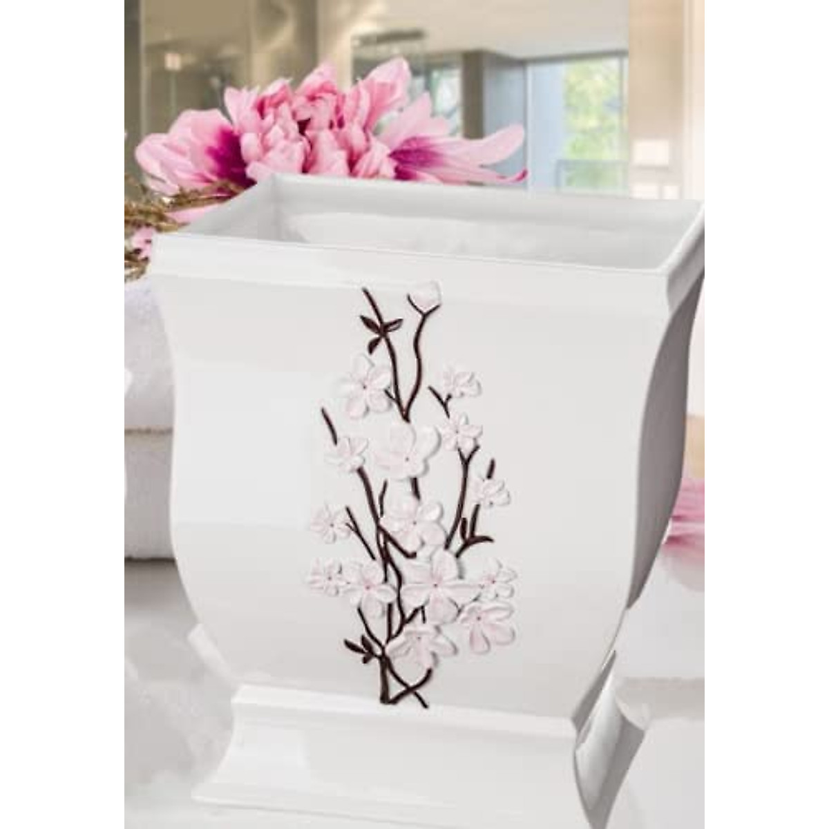 Creative Scents White Trash Can - Decorative Elegant Designed Wastebasket - Durable Small Bathroom Trash Can - Waste Basket for Bathroom, Powder Room, Bedroom Or Living Room Decor (Vanda Style)