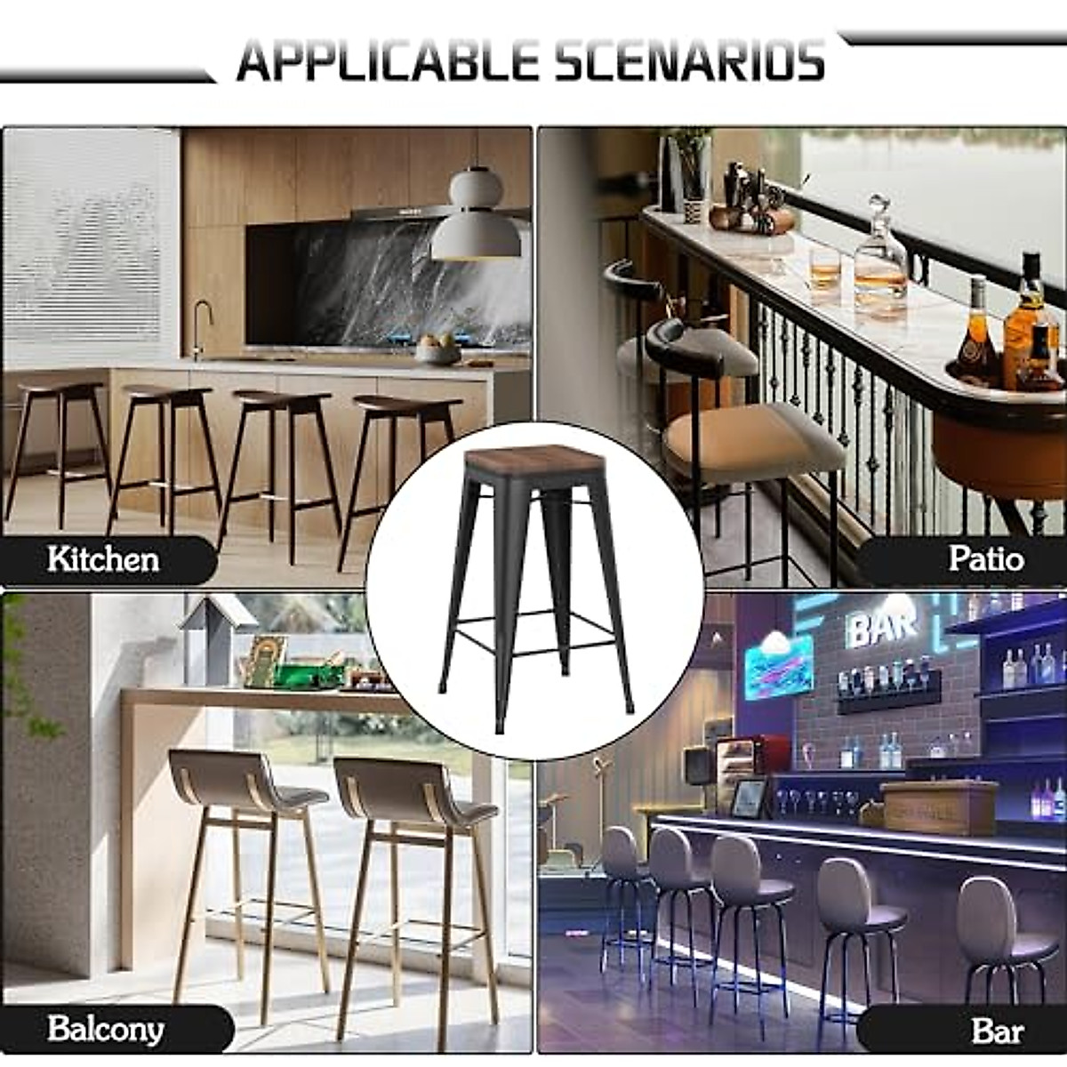 Alunaune 24" Metal Bar Stools Set of 4 Stackable Counter Height Barstools Backless Industrial Kitchen Bar Chairs with Wooden Seat-Matte Black