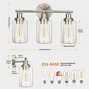 Apenath Vanity Wall Light Fixtures, Modern 3 Lights Wall Sconce with Clear Glass Shade, Brushed Nickel Farmhouse Wall Lamp for Bathroom Mirror Kitchen Porch Living Room Workshop (E26 Base)