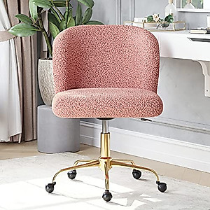 BELLEZE Modern Upholstered Boucle Desk Chair with Swivel Wheels and Adjustable Height, Decorative Rolling Office or Vanity, Stylish Comfy - Aston (Gold - Pink)