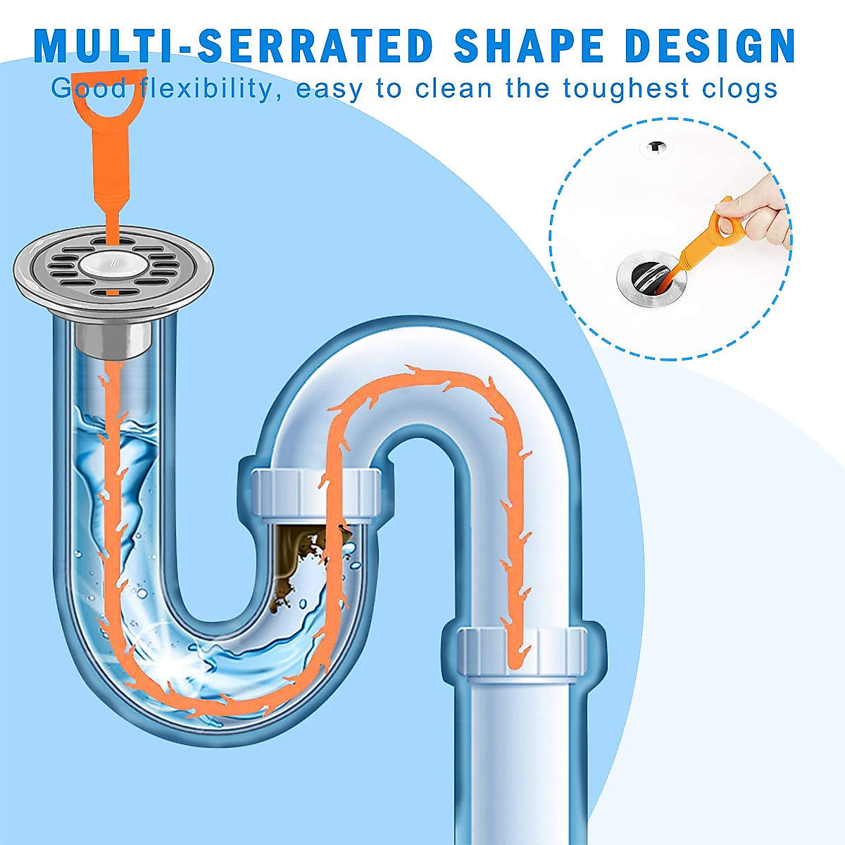 6 Pack Hair Drain Clog Cleaning Tool, ONEHERE Hair Drain Clog Remover Tool, Drain Augers Hair Catcher Tools for Kitchen, Sink Bathroom, Tub Toilet