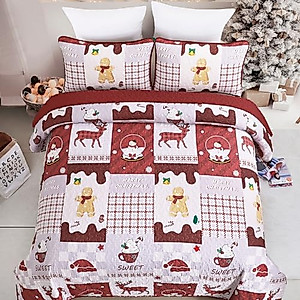 Drucon Christmas Quilt Set King Reversible Christmas Deer Snowflake Pattern Red Deer Plaid Patchwork Bedding Quilt Coverlet with 2 Pillowshams for All Season 104"x90"