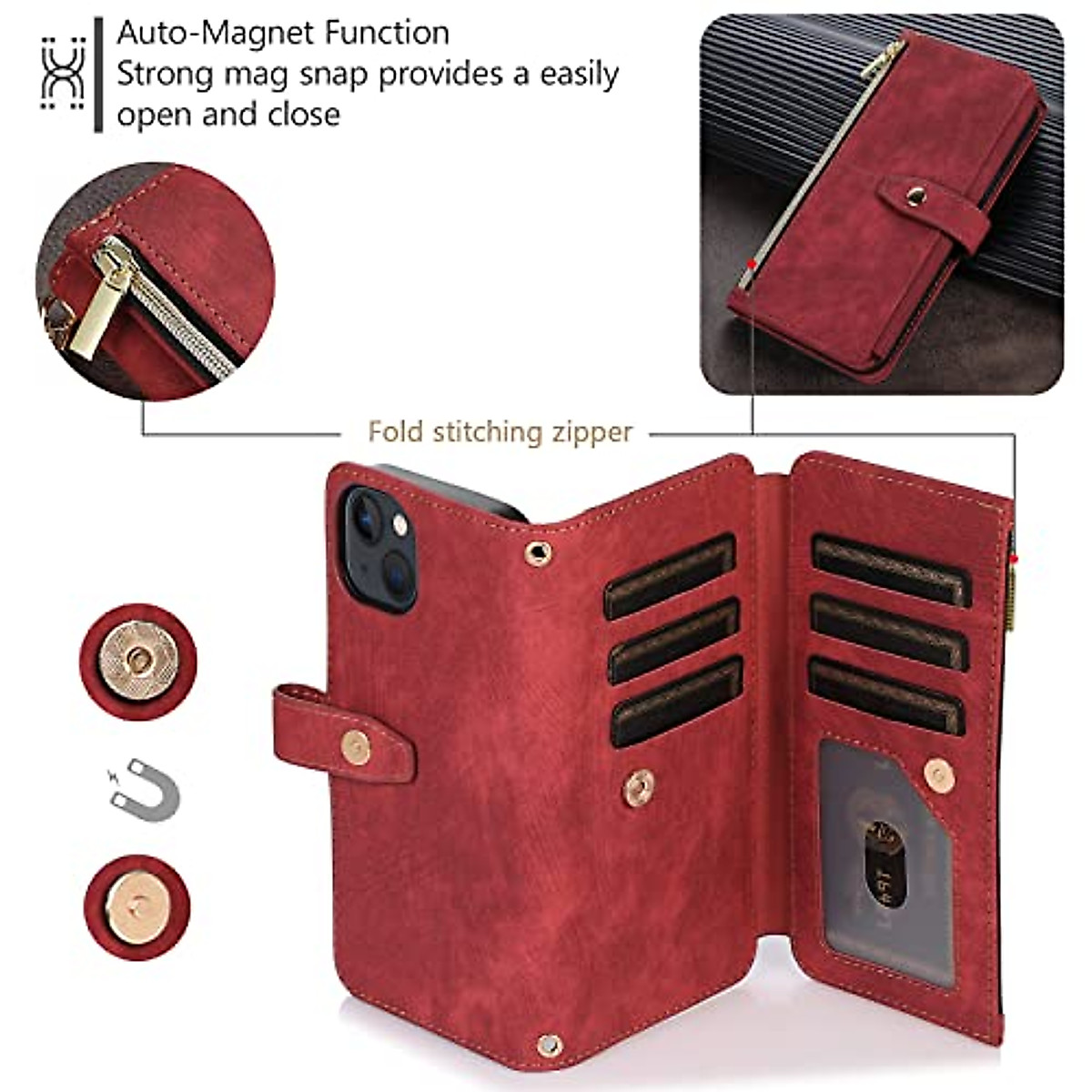 UEEBAI Crossbody Wallet Case for iPhone 13/iPhone 14 6.1 inch, 9 Card Slots Adjustable Crossbody Zipper Cover Detachable Lanyard Strap Flip Case with Hand Strap Kickstand Case - Red Wine