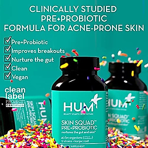HUM Skin Squad - Vegan Clear Skin Gut Probiotic Supplement - Prebiotic Konjac Root & 9 Strain Probiotic Blend for a Healthy Gut Microbiome, Decreased Breakouts & Glowing Even Skin Tone (60 Capsules)