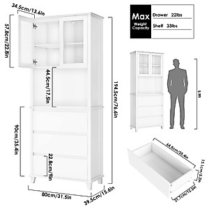 FACBOTALL 76'' Kitchen Pantry Storage Cabinet, Kitchen Buffet with Hutch, Tall Hutch Cabinet with Glass Doors, Coffee Countertop and 3 Large Drawers for Dining Living Room, White