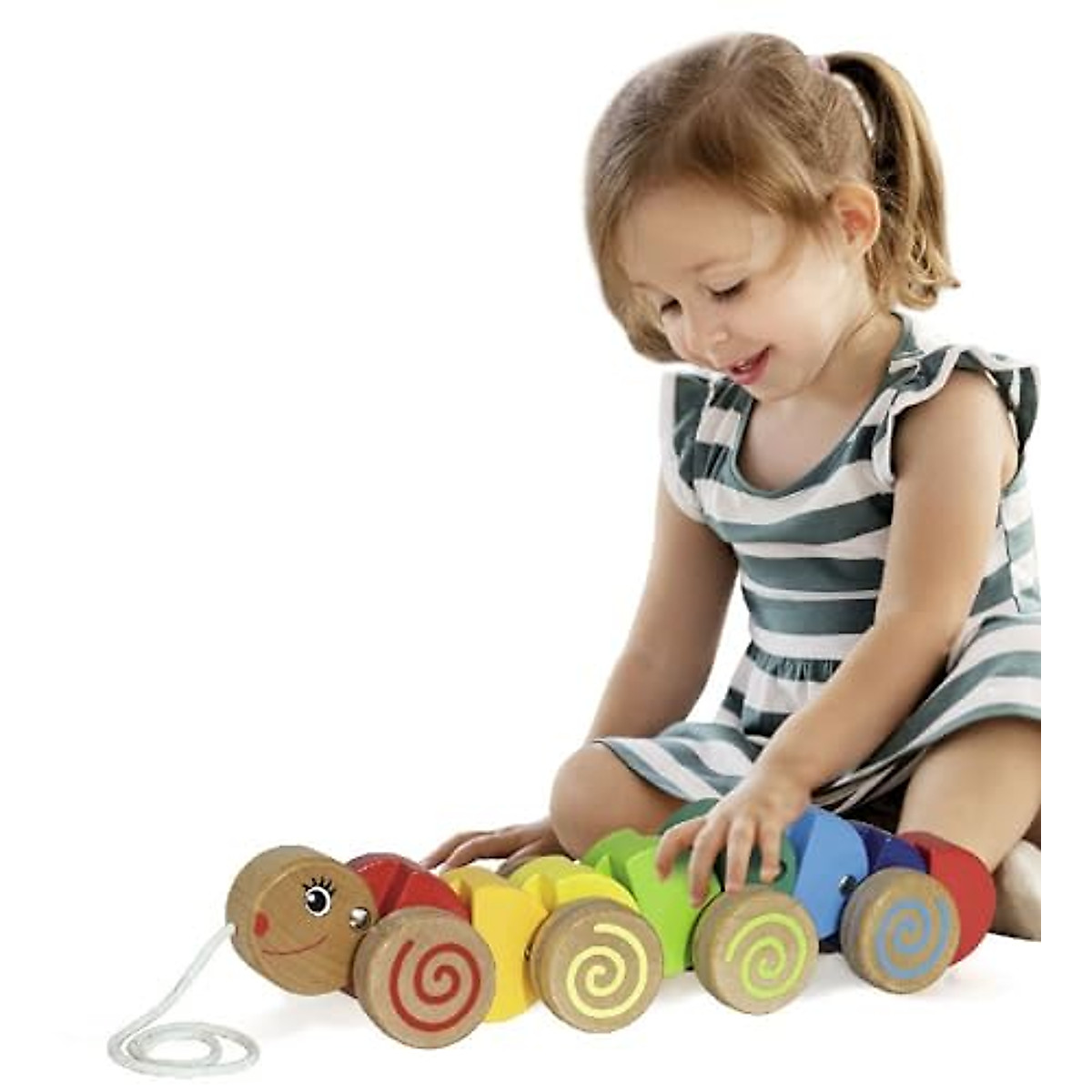 Eichhorn 100003447 Nachziehtier-100003446 Pull-Along Caterpillar with Movement, 32 cm Long, Beech Wood, Colourful