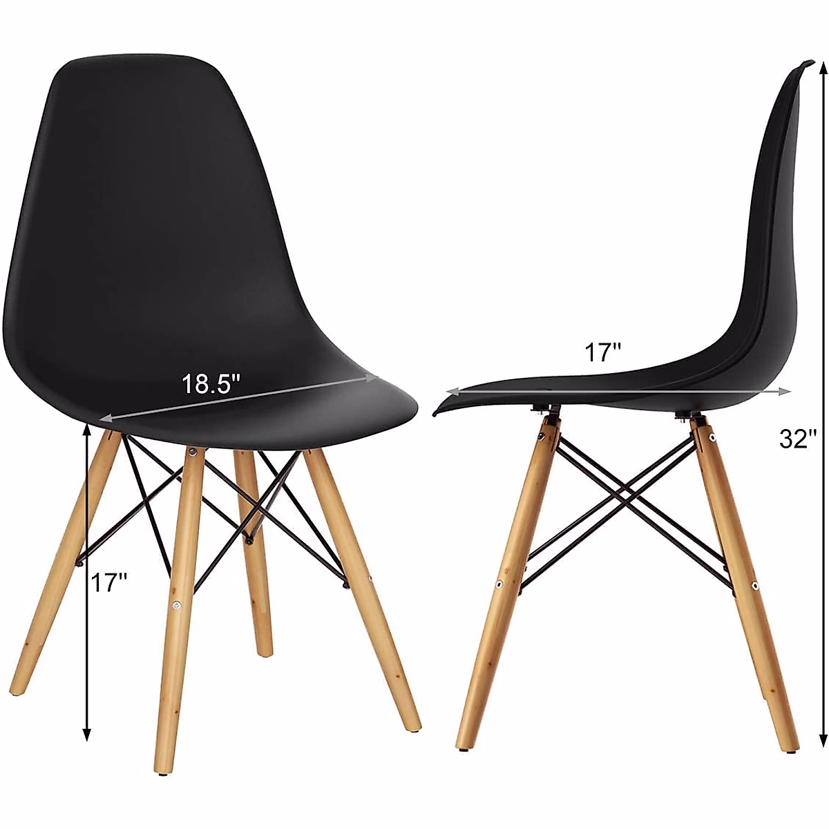 ERGOMASTER Pre Assembled Dining DSW Chairs Set of 2, Mid Century Modern DSW Chair, Shell Lounge Plastic Chair for Kitchen, Dining, Bedroom, Living Room Side Chairs (Black)
