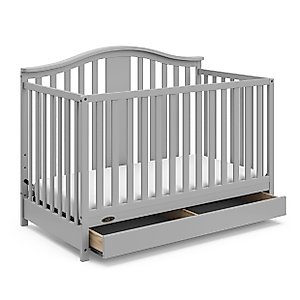 Graco Solano 4-in-1 Convertible Crib with Drawer (Pebble Gray) – GREENGUARD Gold Certified, Crib with Drawer Combo, Includes Full-Size Nursery Storage Drawer, Converts to Toddler Bed and Full-Size Bed