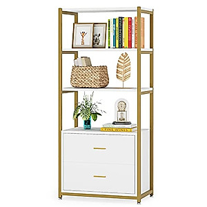 Tribesigns Bookcase, 4-Tier Bookshelf with 2 Drawers, Etagere Standard Book Shelves Display Shelf for Home Office (Gold/White)