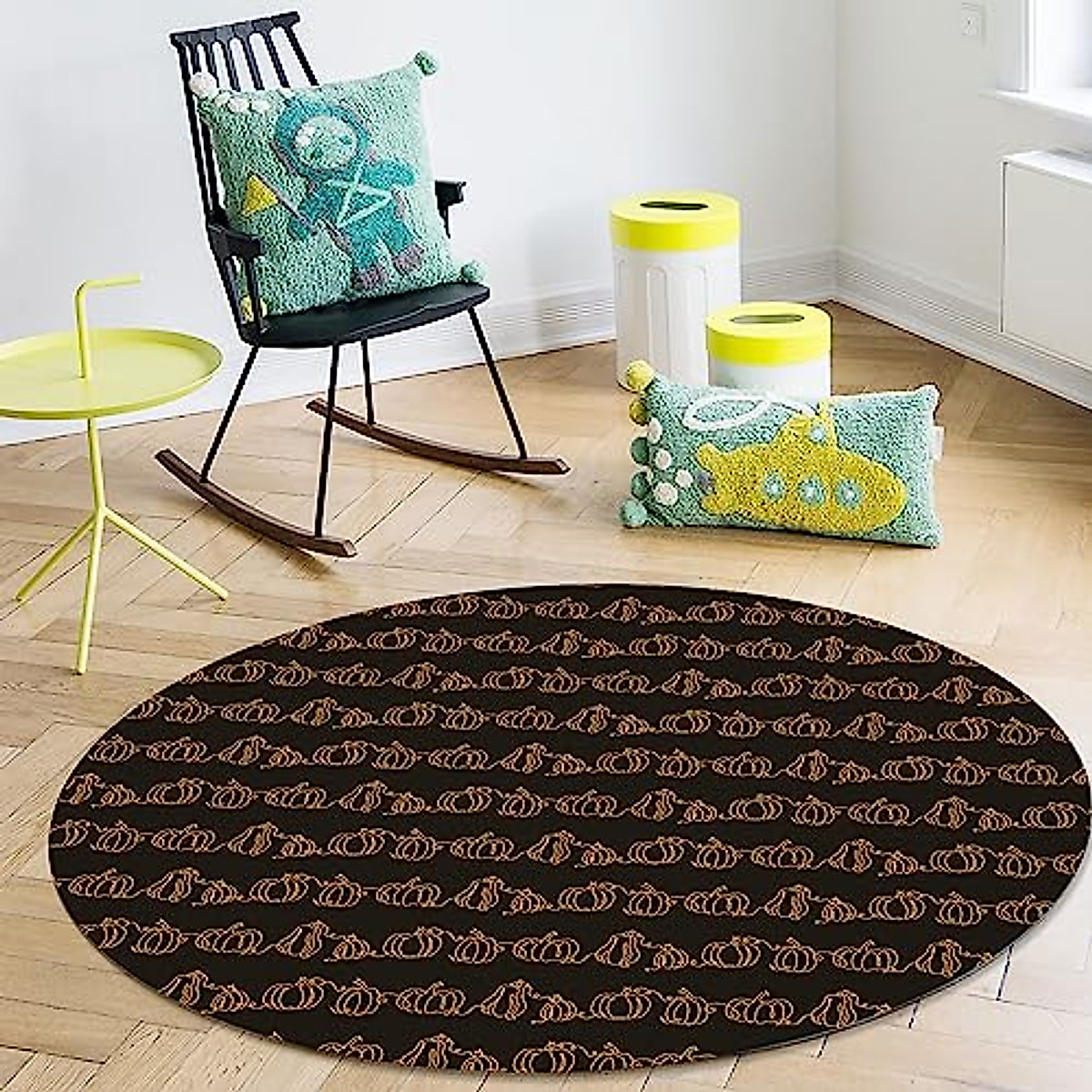 LIFEMUSION Thanksgiving Fall Round Area Rugs, Autumn Orange Pumpkin Classic Black Non-Skid Children Playing Mat, 3ft Soft Circle Farmhouse Rugs for Living Room, Bedroom, Dining Room