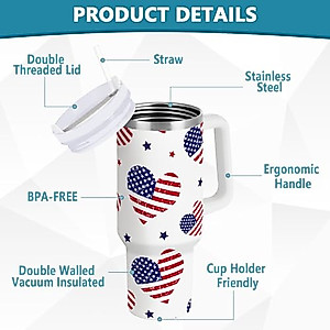 Joisal American Flag Hearts Pattern Insulated Tumbler Reusable Water Bottle with Straw Water Cups