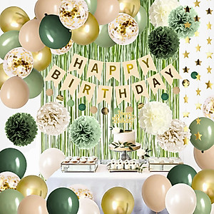Sage Green Birthday Decorations Olive Green Happy Birthday Party Decorations Nude Retro Green Gold Balloon Banner Paper Pom Poms Greenery Neutral Rustic Décor Supplies Baby Girls Women