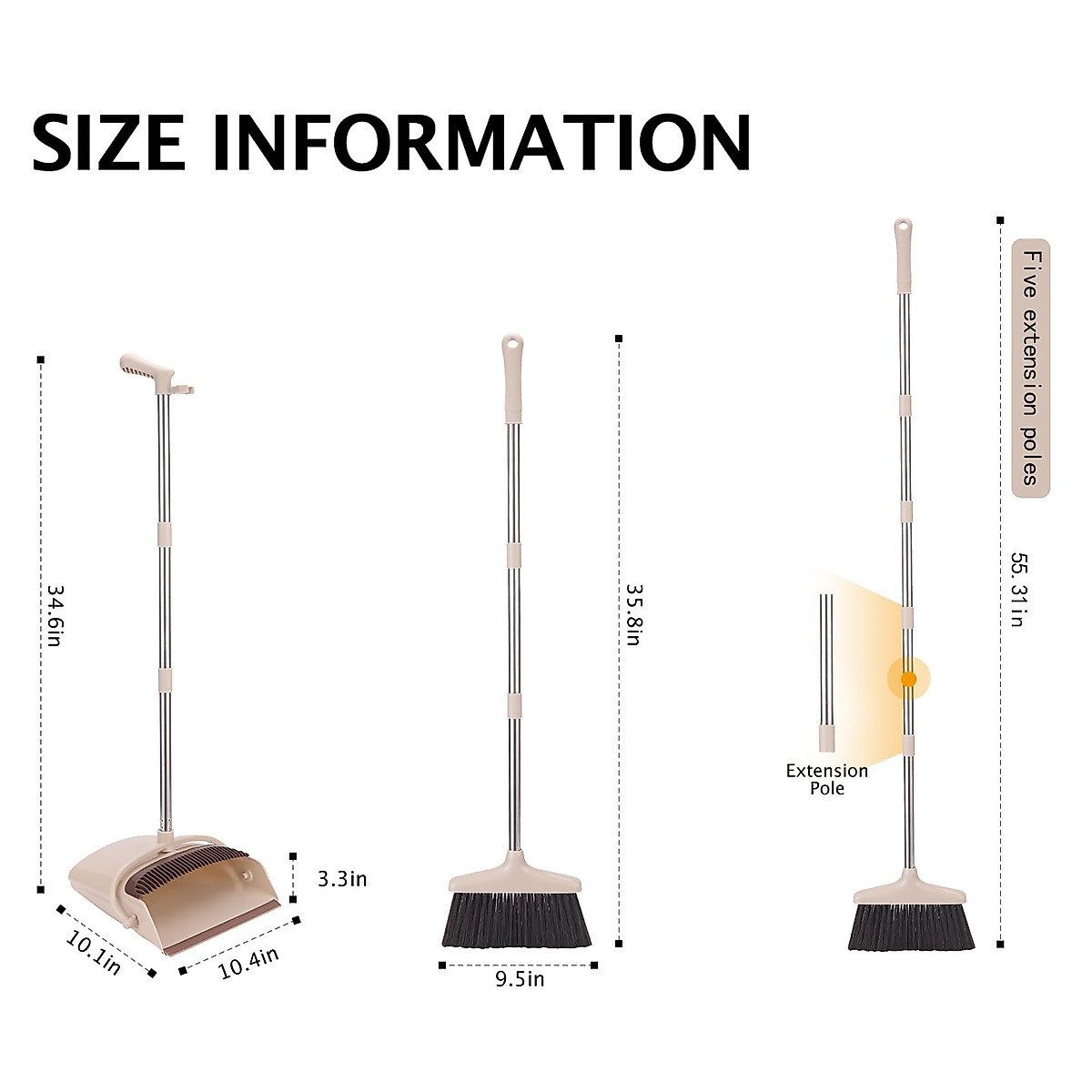 XXFLOWER Broom and Dustpan Set with Long Handle, Light Weight Stainless Steel Poles Stand Upright Dustpans with Broom Combo for Home Kitchen Office Pet Dog Hair, Brown & Beige Color, 1-Pack