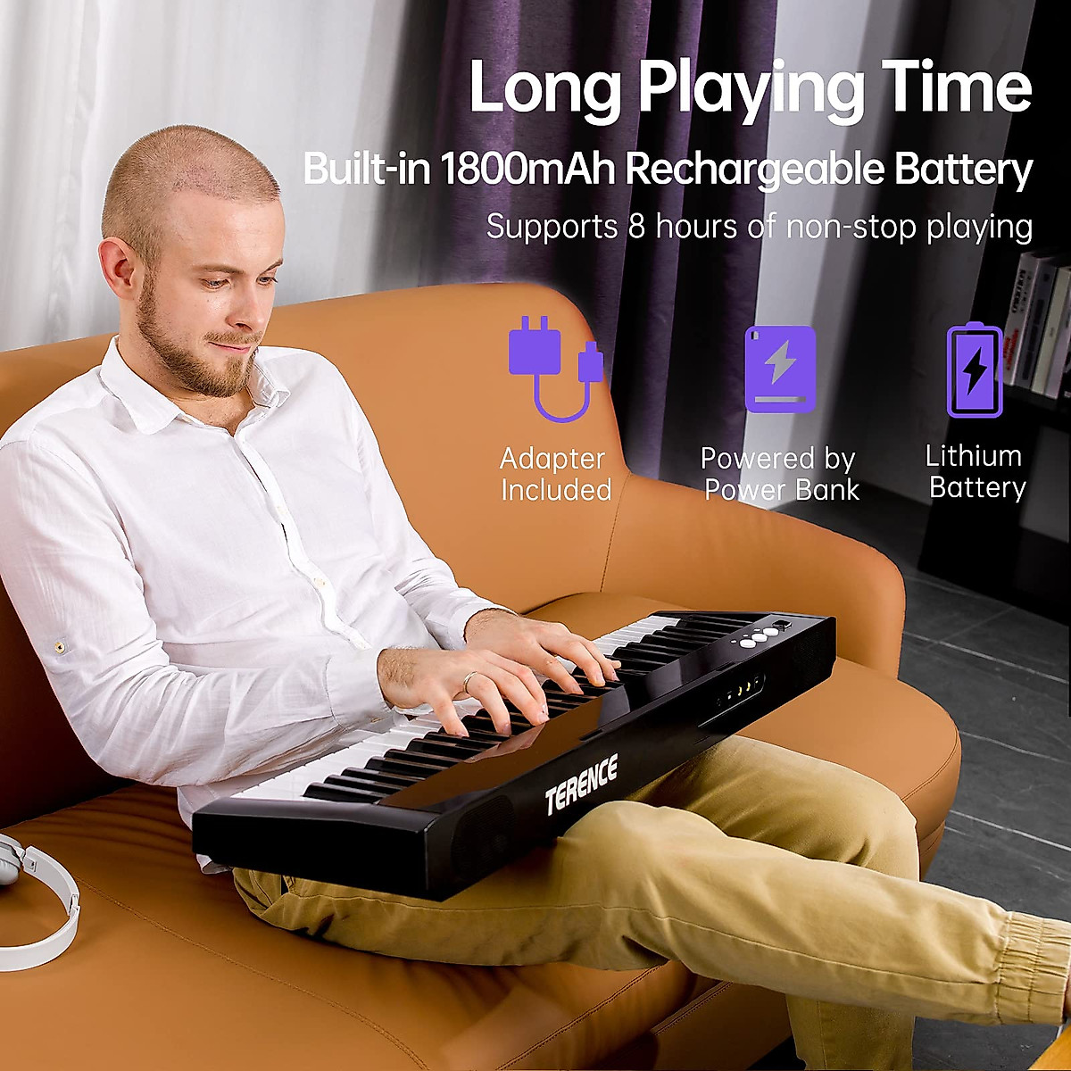 TERENCE Keyboard Piano with 61 Semi-weighted Keys & 1800mAh Battery Support MIDI USB Interface & Piano Application with Bluetooth Sheet Music Stand Sticker Bag Audio Cable Earphones