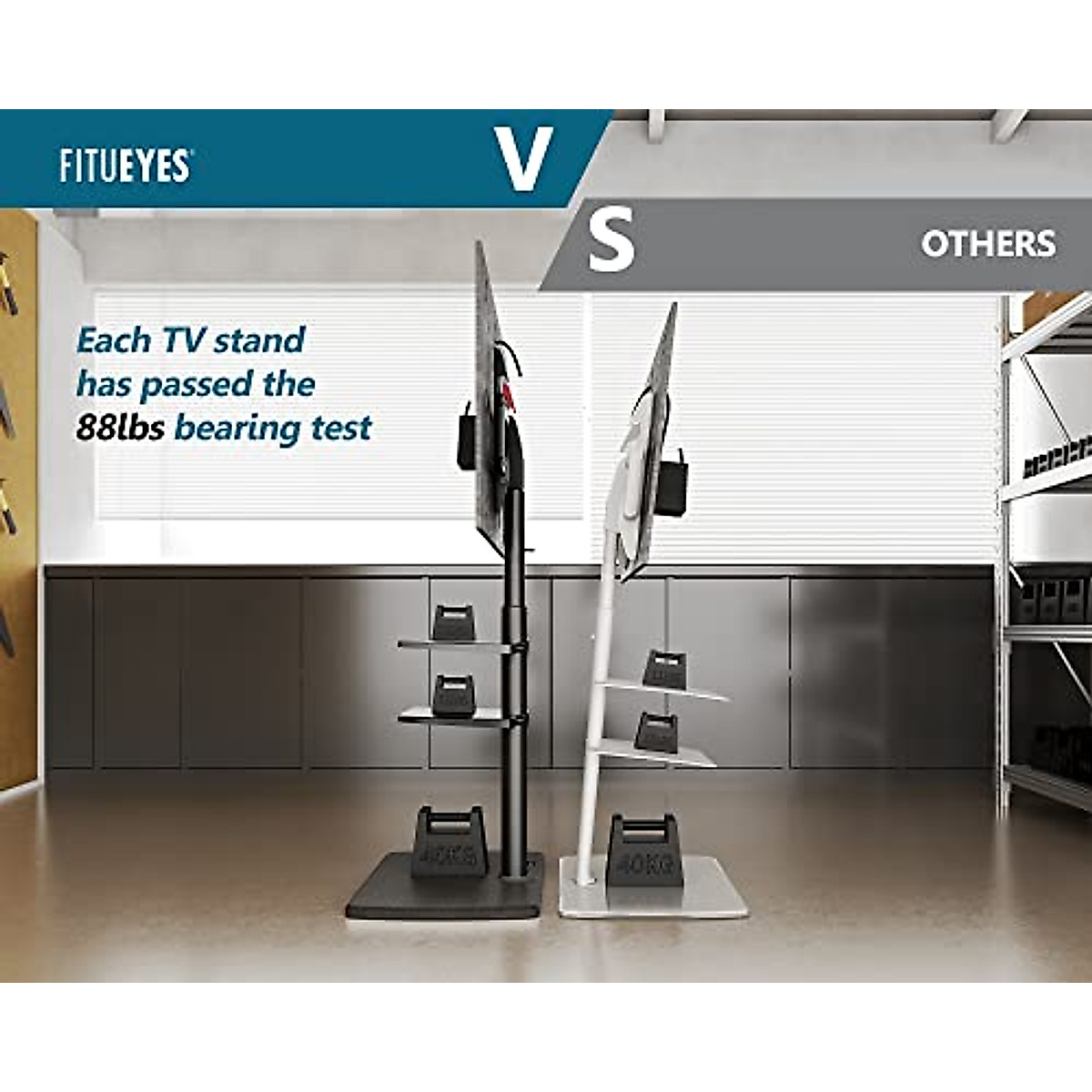 FITUEYES TV Stand for 32 39 40 43 49 50 55 60 65 70 Inch TVs Tall Floor TV Stands with Sturdy Wood Base Universal Corner Stand for Flat Panel Screen TVs Height Adjustable Shelves Black