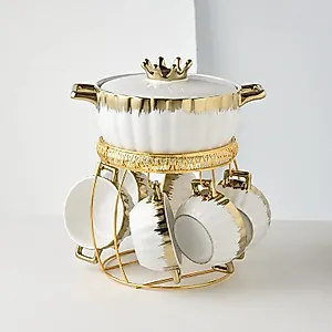 TFE's Fancy Ceramic Soup Tureen Bowl Gift Set with 6 Soup Bowls/Cups with Handles, Gold Stand & Lid, Hotpot Style Home Decor Kitchen Utensils Set for Ramen Pasta Gravy (White and Gold)