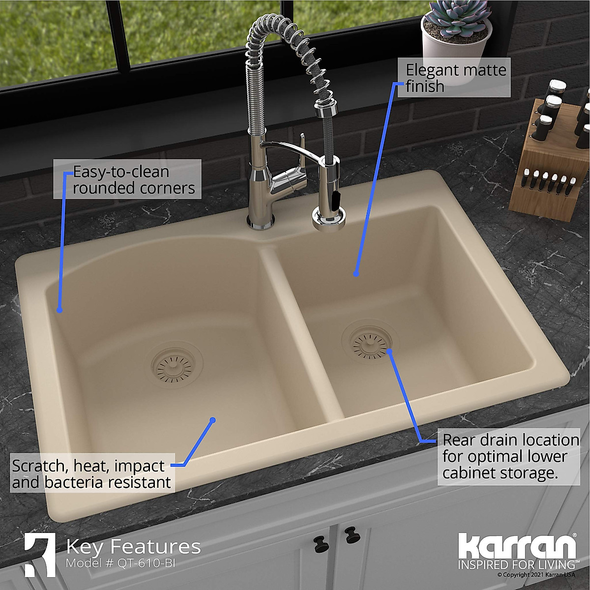 Karran QT-610 Drop-In Quartz Composite 33 in. 1-Hole 60/40 Double Bowl Kitchen Sink in Bisque