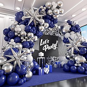 Blue and Silver Balloon Garland Arch Kit, Blue and White Balloons with confetti balloons for Graduation Baby Shower Prom Wedding Birthday Party Decorations