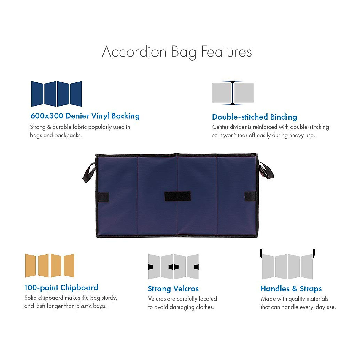 MCY Accordion Bag – Reusable Eco-Friendly Foldable Bag, Reinforced Shell, Durable Fabric, Easy Storage, Compact and Expandable, Grocery Bag (Navy Blue, 13x13x25 inches)