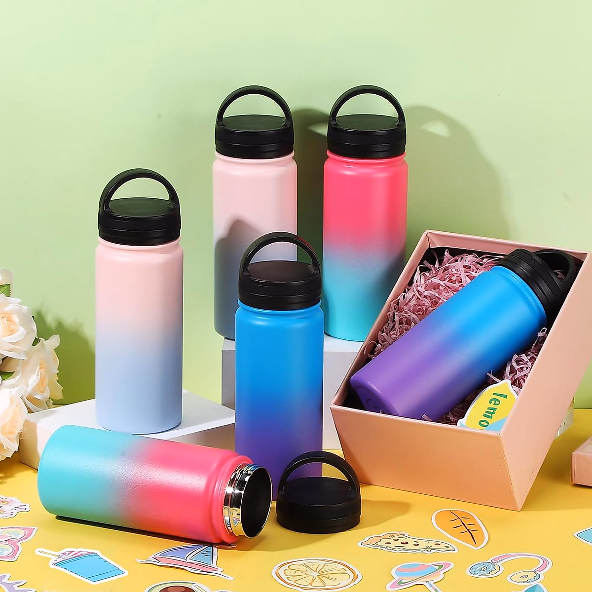 3 Pcs Kids Lovely Insulated Water Bottles Girls Boys Insulated Cups with Leakproof Lid and Cute Stickers for Valentines School Classroom Exchange Rewards Game Prizes Gifts(Gradient Color, 16oz)