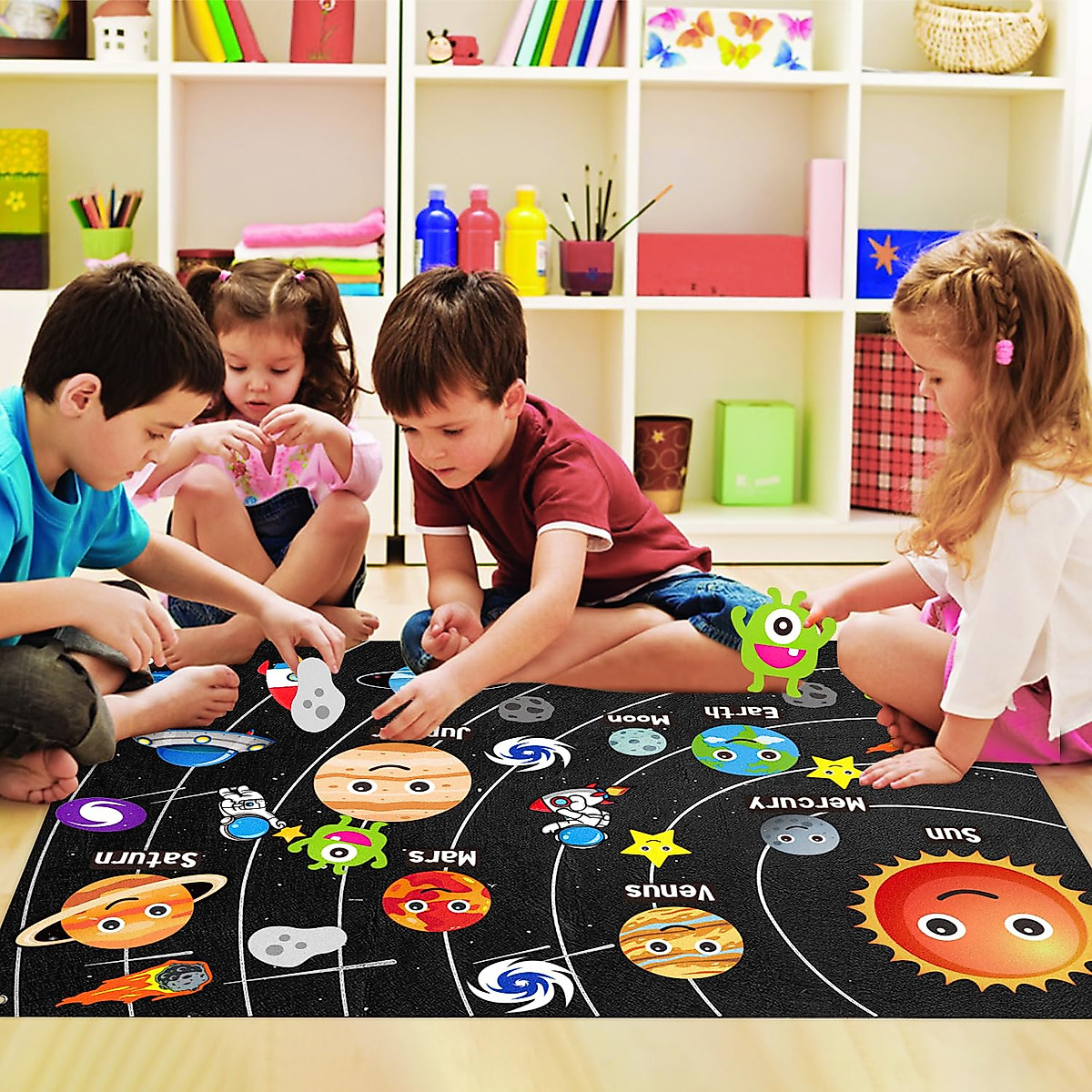 WATINC 44Pcs Outer Space Felt Story Board Set 3.5 Ft Solar System Universe Storytelling Flannel Interactive Play Kit with Hooks Astronaut Planets Alien Galaxy Reusable Wall Hanging Gift for Boys Girls