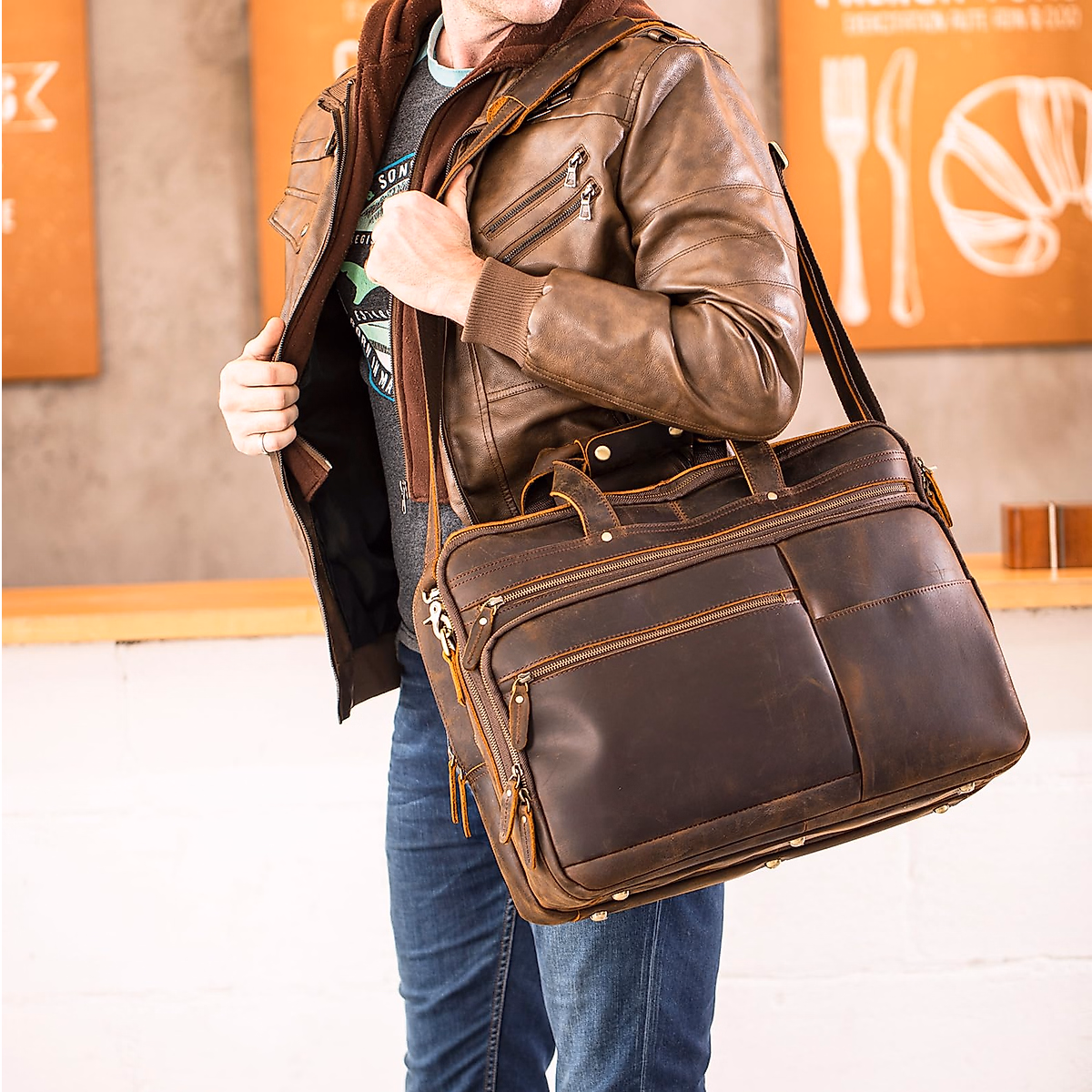 Polare X-Large 18" Full Grain Leather Briefcase For Men Business Travel Case Messenger Bag Fits 17.3" Laptop (Brown)