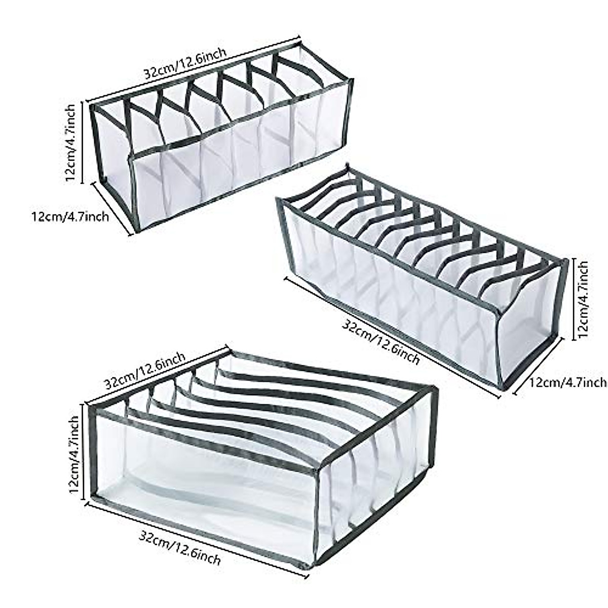 Underwear Storage Box Set of 3, Socks Storage Box, Bra Storage Box, collapsible Underpants Drawer Cabinet Dividers, Closet Clothes Organizers with Compartments for Women (Thicken Gray) (3 set + Bra)