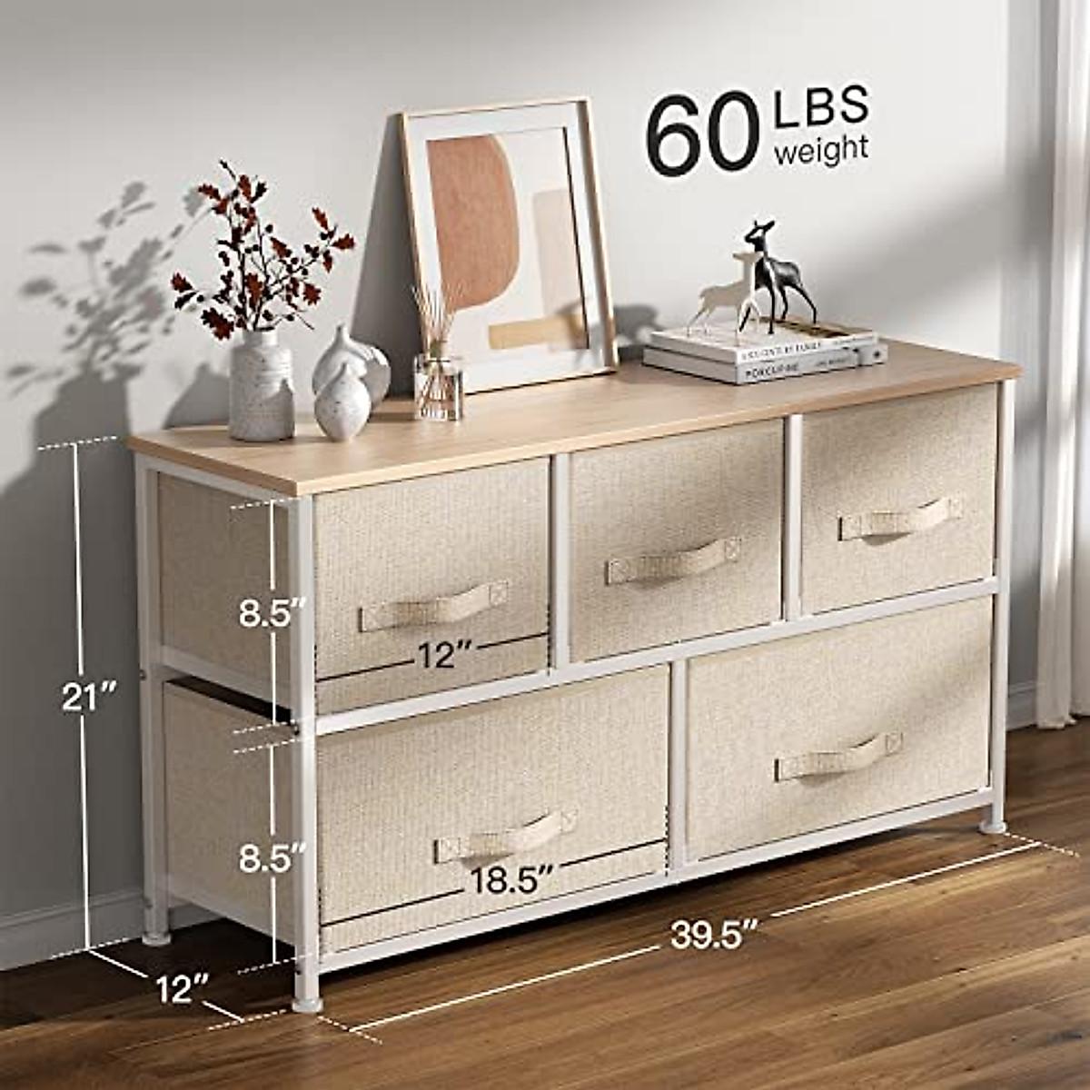 Pipishell Fabric Dresser, Dresser for Bedroom with 5 Drawers, Wide Dresser Storage Tower Organizer Unit with Wood Top and Easy Pull Handle for Closets, Living Room, Nursery Room, Hallway