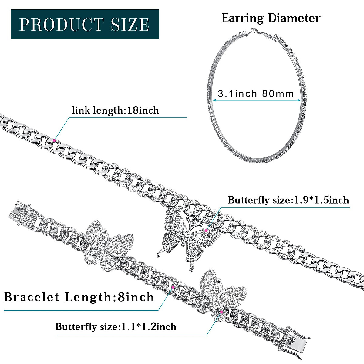Hinly 3 Pieces Butterfly Jewelry Set Link Chain Necklace for Women Rhinestone Butterfly Pendant Necklace Rhinestone Butterfly Bracelet Large Hoop Earrings Bling Earrings (Silver, Classic)